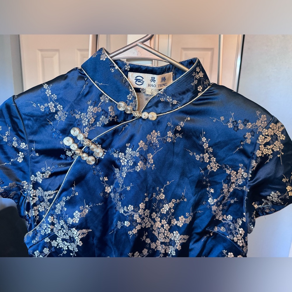 Royal Blue Satin Chinese Cheongsam Dress With Floral … - Gem